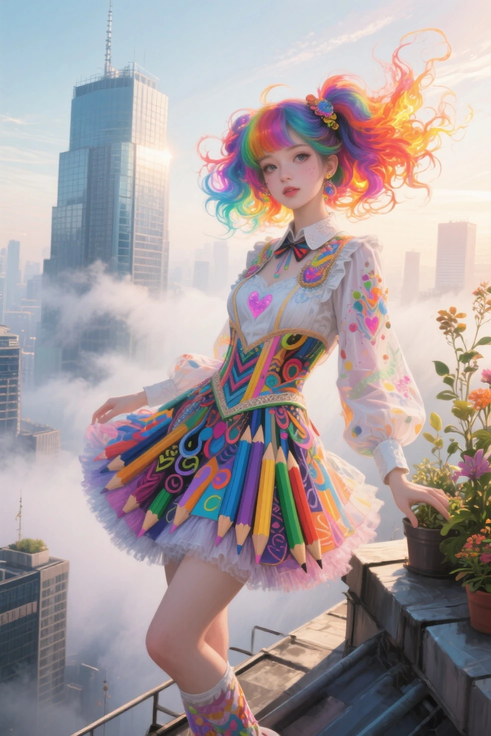 A fashionable outfit decorated with colored pencils, unusual design ...