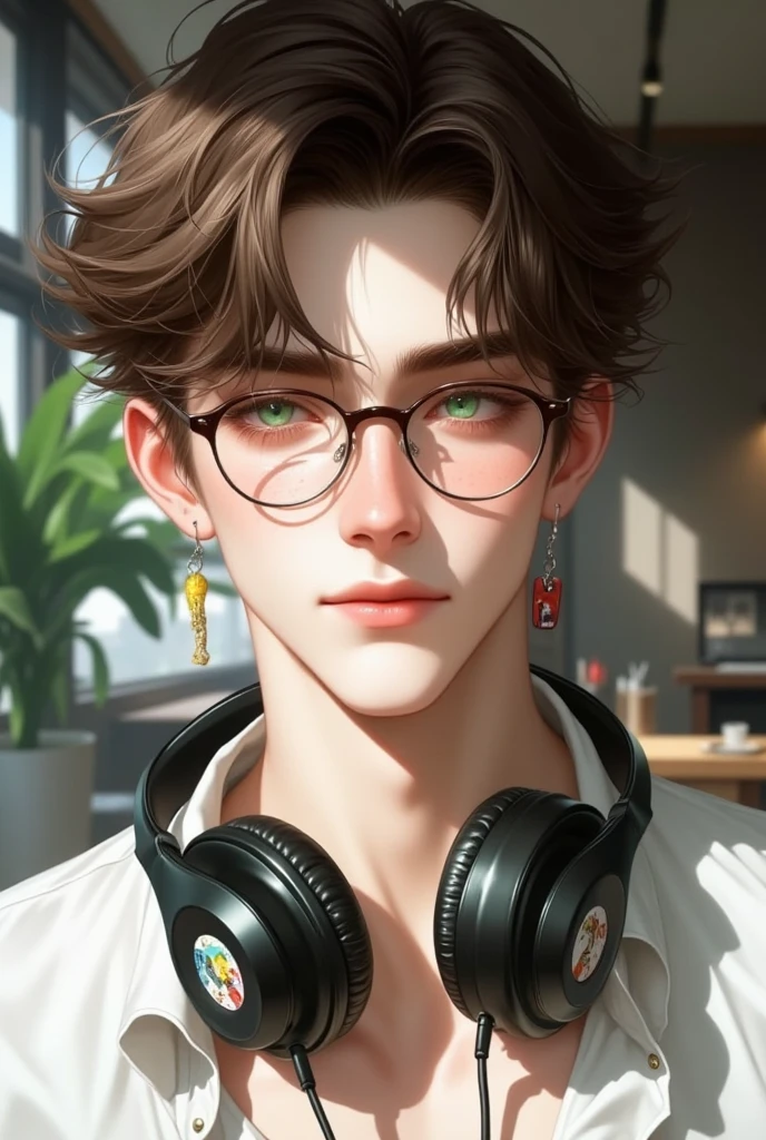 A guy, 20, white skin, red cheeks, freckles, green eyes, brown hair ...