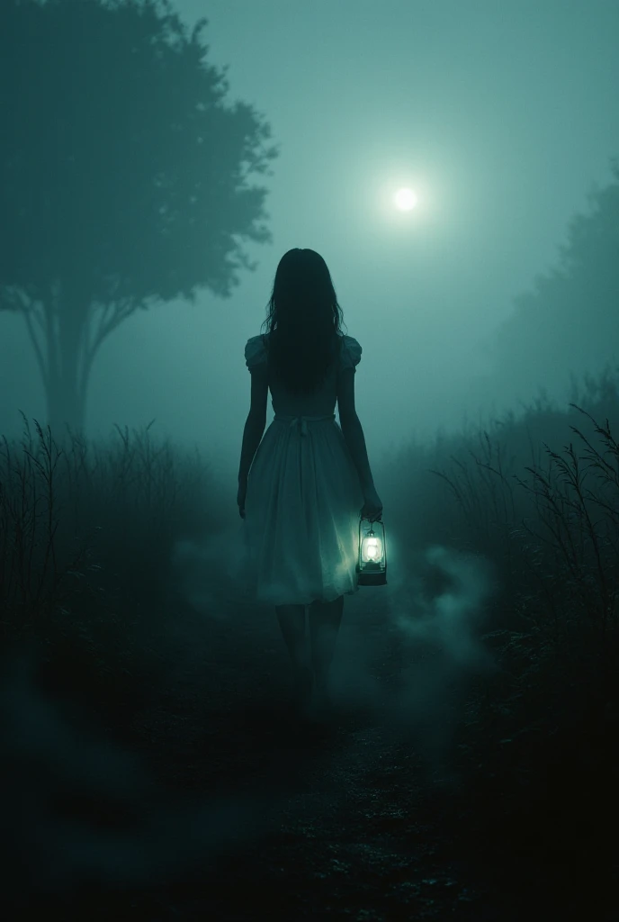 A girl with a lantern walks through a foggy moor at night, mist ...