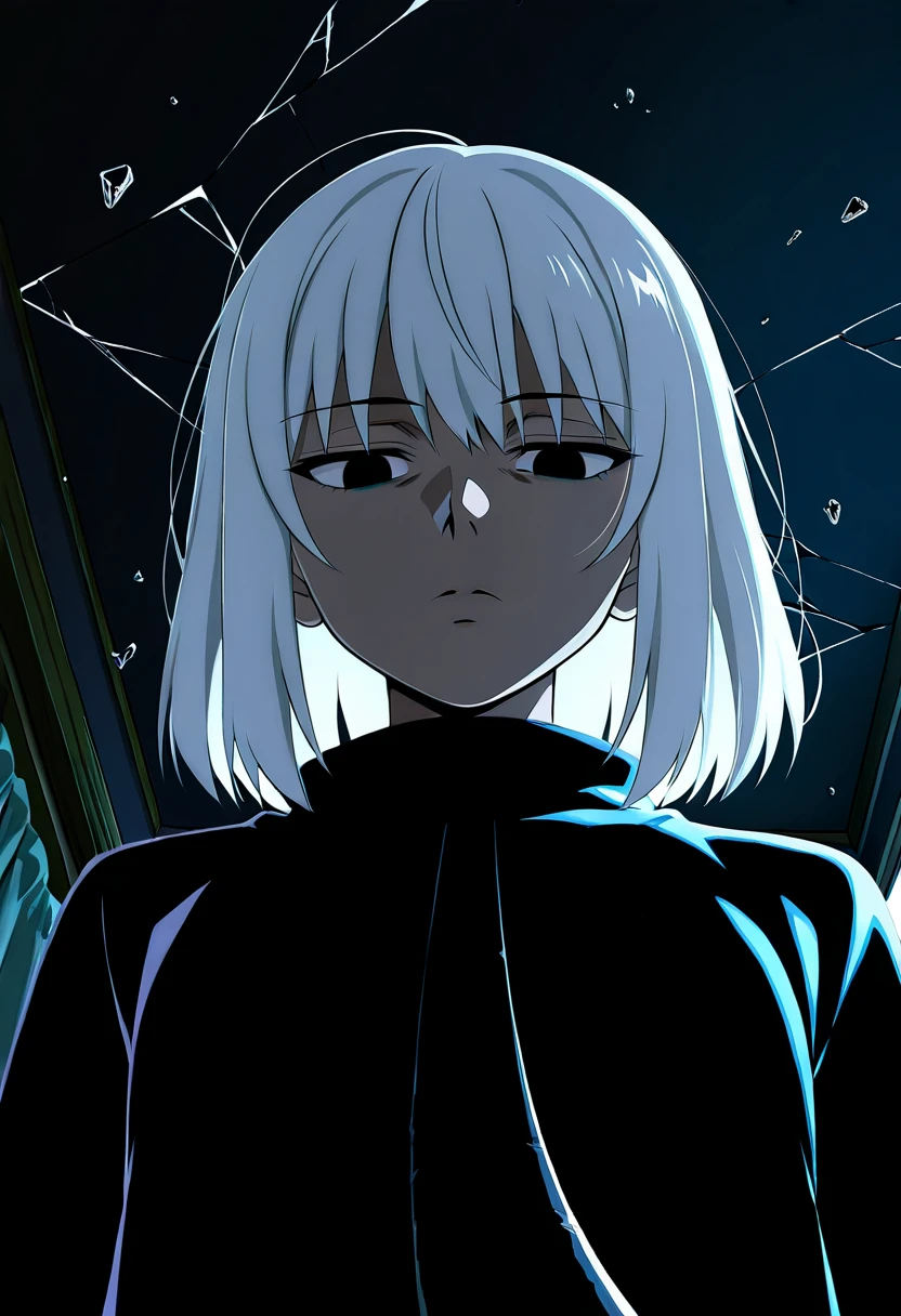 A dominant girl with medium white hair and black eyes, expressionless ...