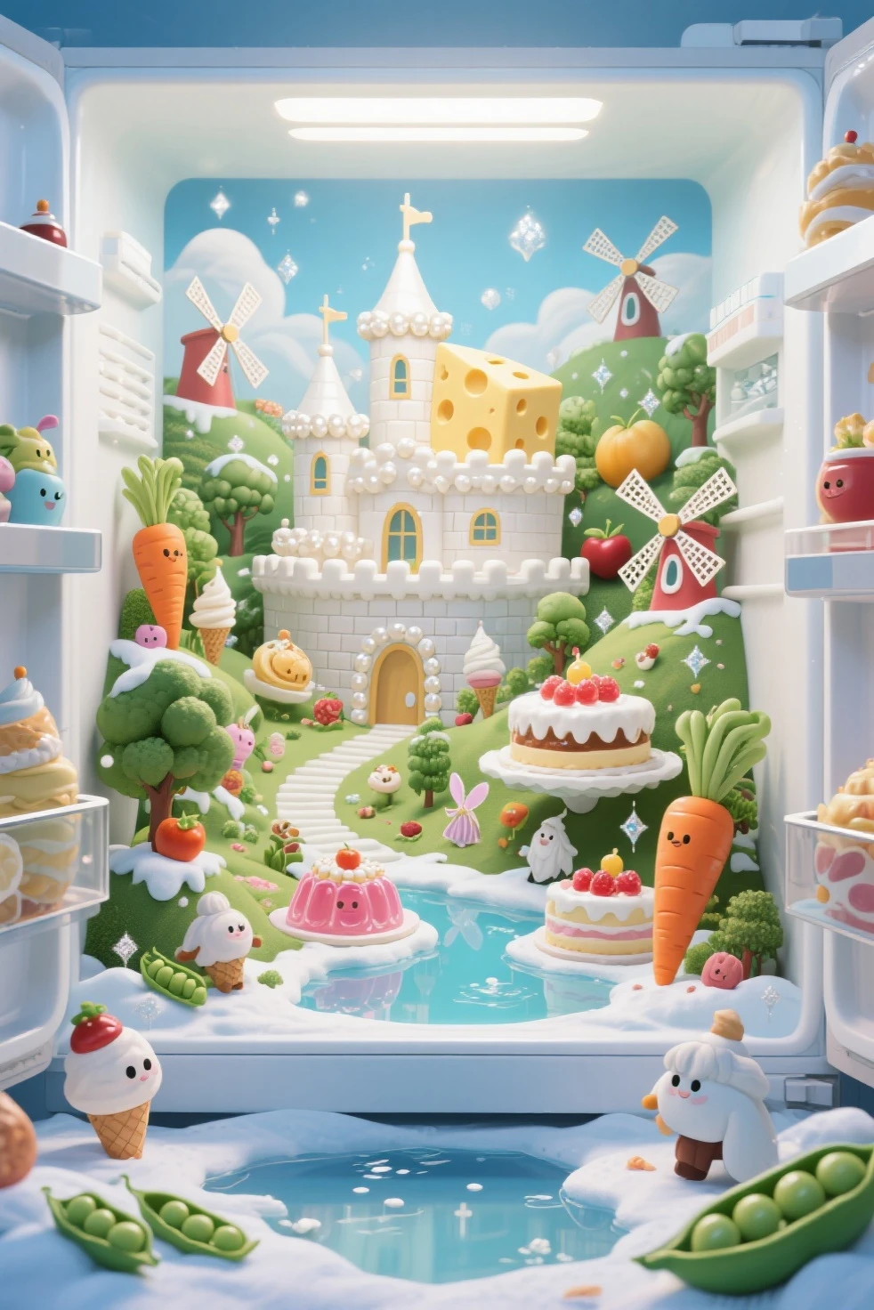 Anime-style, a fairy tale world hidden inside a refrigerator - SeaArt AI