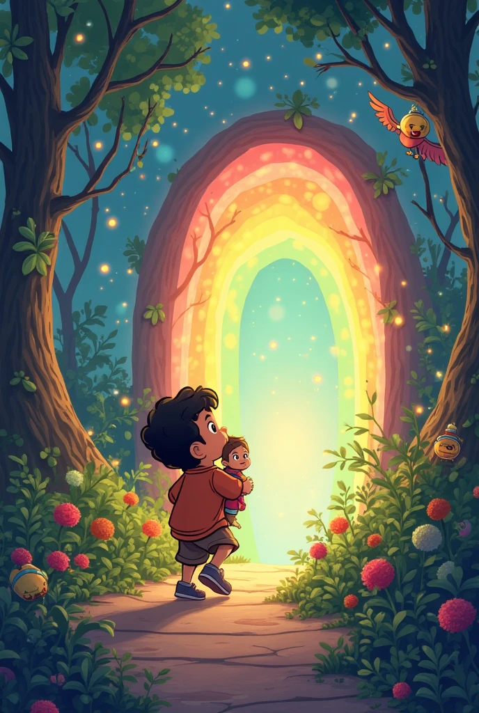"Chiku and Babbu step through a glowing rainbow portal into a magical ...