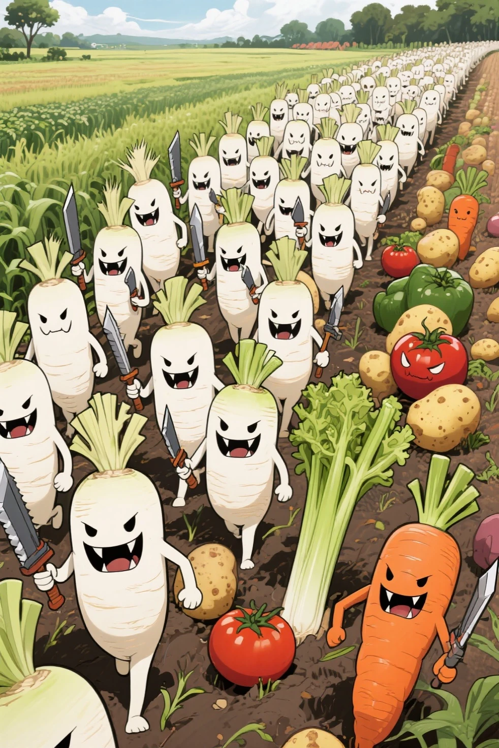 A large number of anthropomorphized white radishes, carrots, potatoes ...