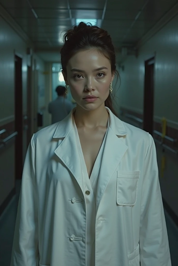 Doctor Wind，wears a white tunic style robe，Hair up，expression is calm ...