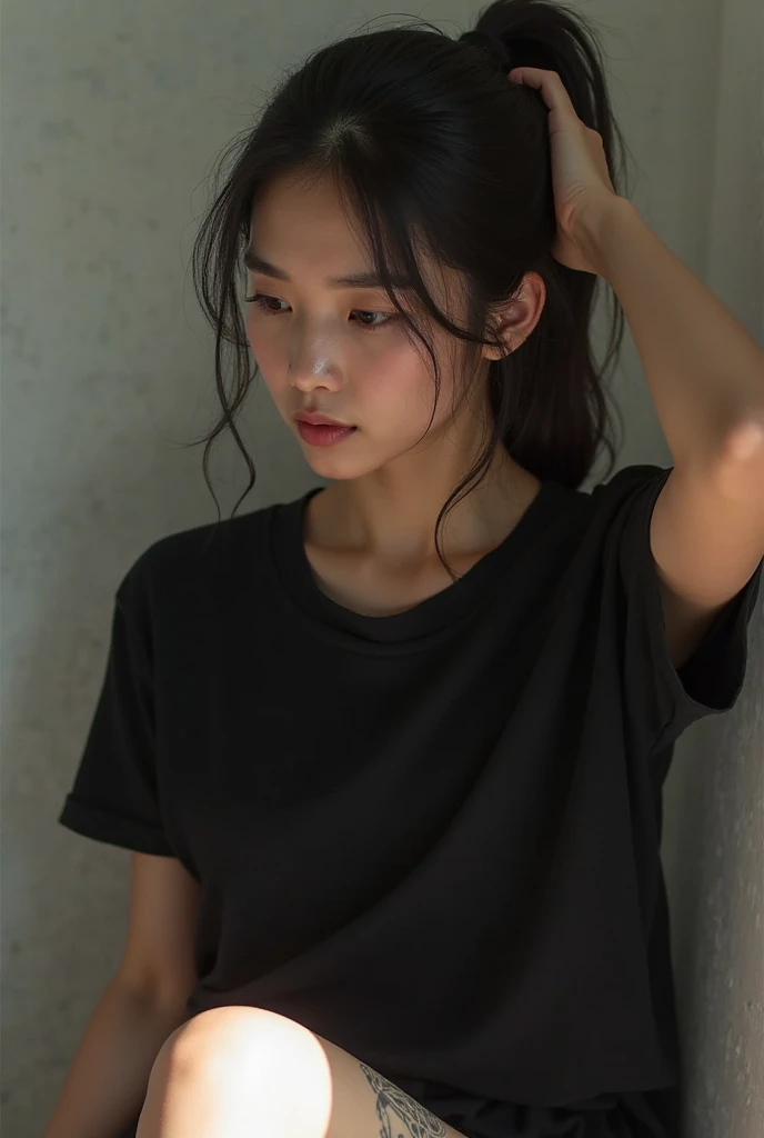 Korean woman wearing a black regular t-shirt, tato di paha kaki - SeaArt AI