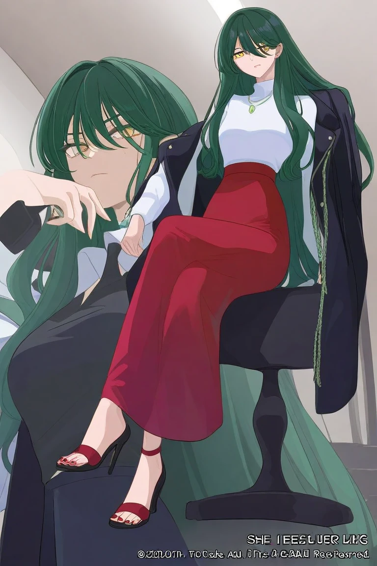 A woman with very intense green hair and long curls on her face - SeaArt AI