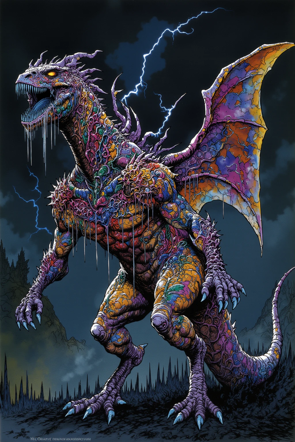 A dinosaur-like monster with huge wings with large vertical slits ...