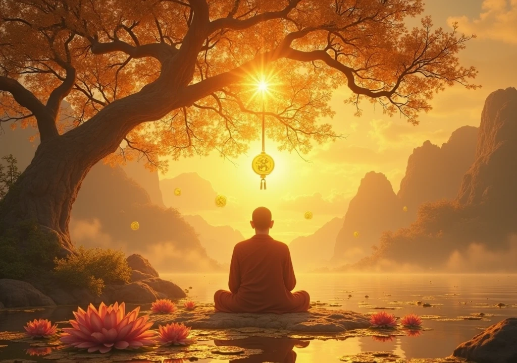 "A mystical golden-hued Buddhist landscape representing inner peace and ...