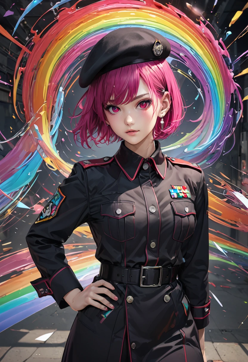 Looking back, adult woman, Fuchsia Hair、short hair、Red Eyes、Hands on ...