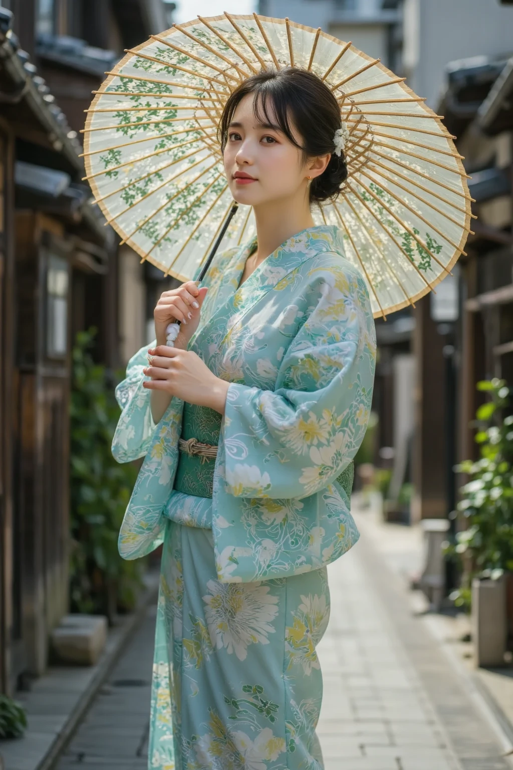 One woman,Light green kimono with traditional Japanese summer patterns - SeaArt AI