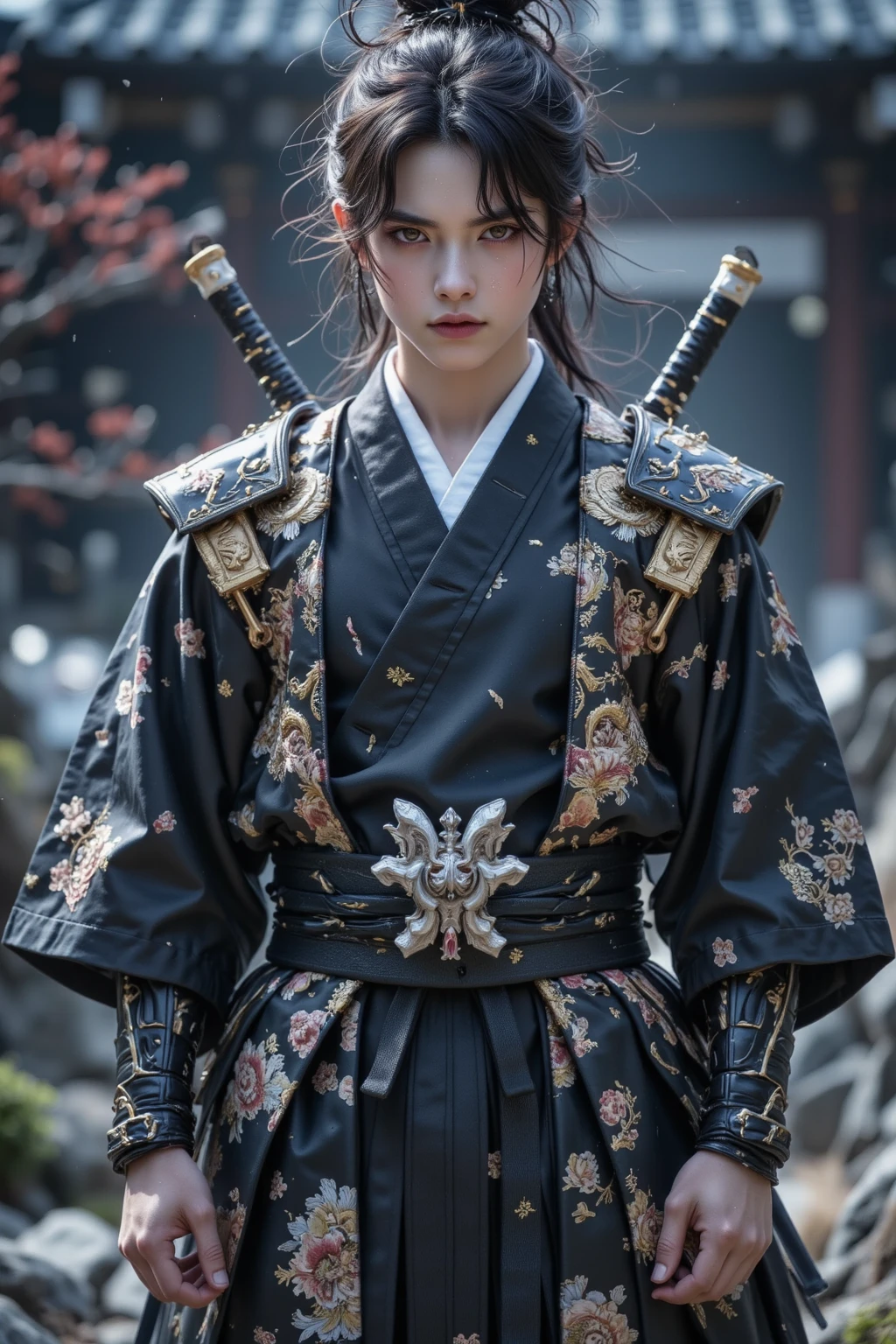A young person in traditional Japanese clothing, dignified々 looking at ...