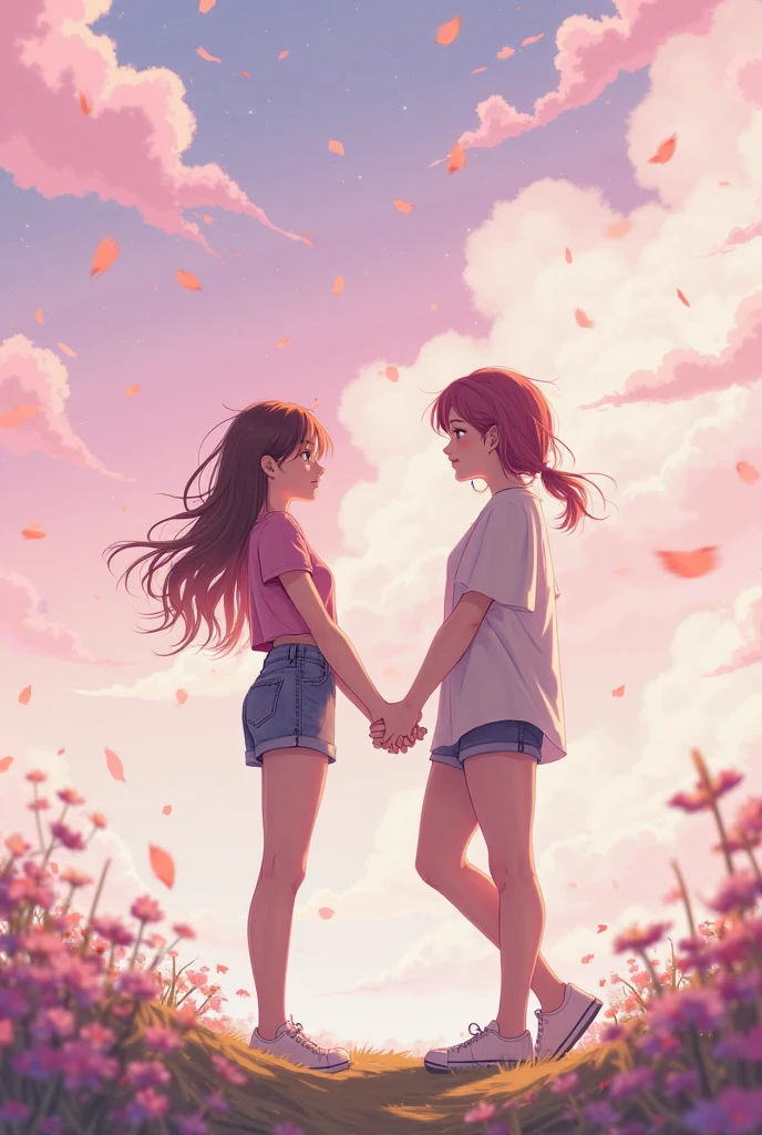Pink and white sky 2 best friend holding hands both of them are girls - SeaArt AI