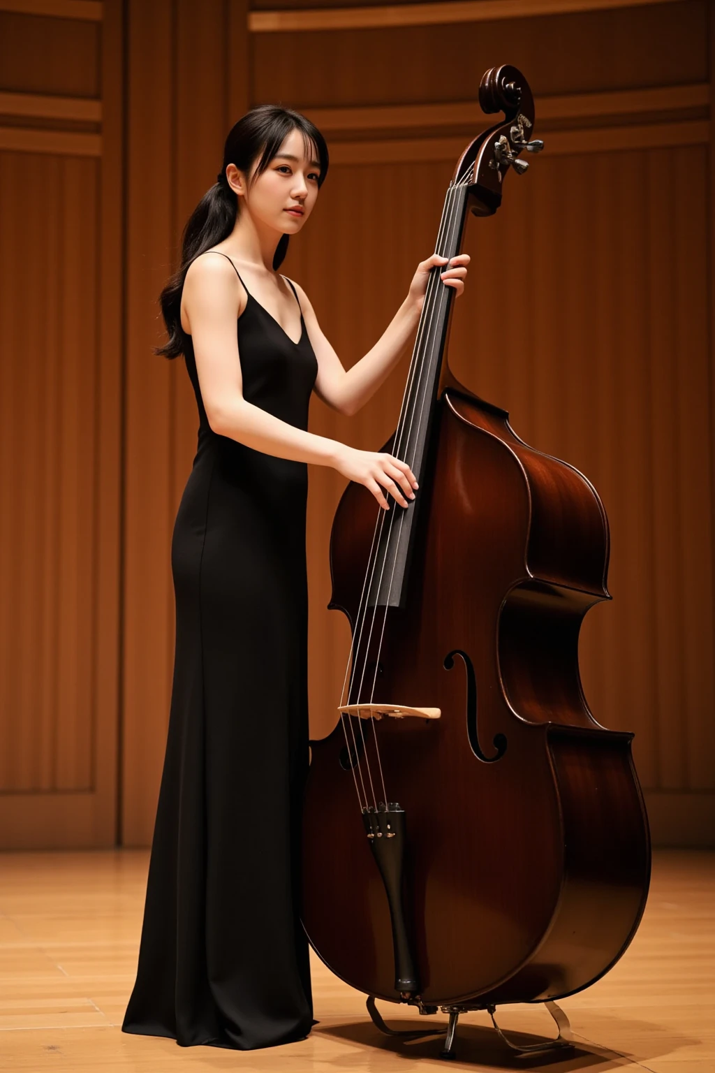 A female contrabass player performing on stage, Playing a large double ...