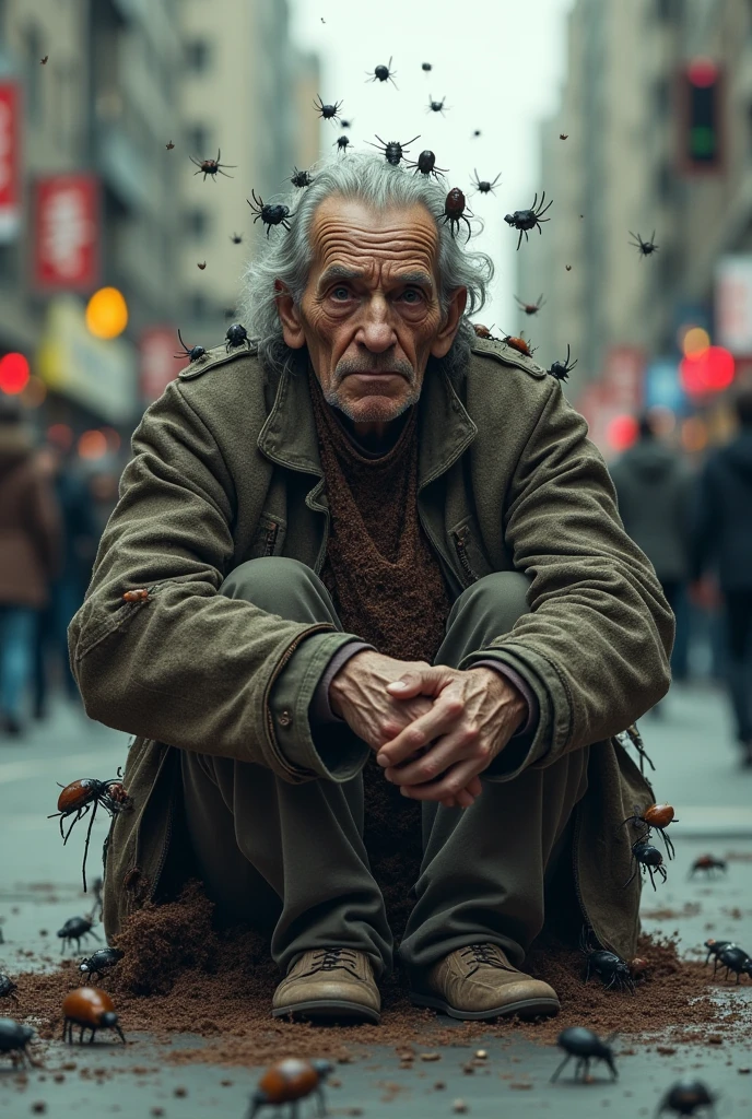 An old man, 0, sits on a busy city sidewalk, with large insects ...