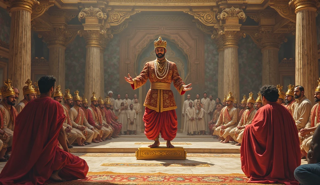 Image Prompt: An Indian king, aged between 25 and 37, stands with ...