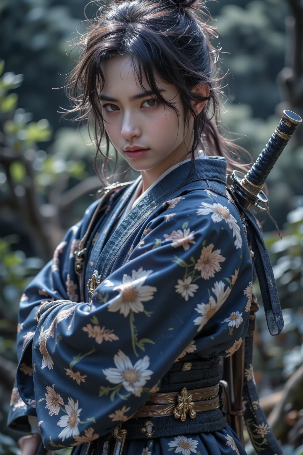 A young man in a traditional Japanese kimono stands imposingly - SeaArt AI