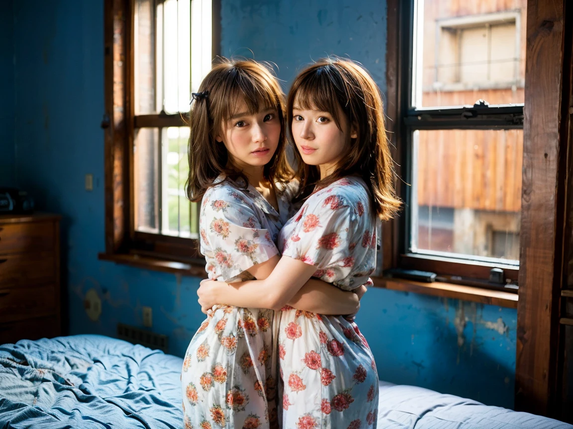 Photo studio, medium shot: Japanese identical twin sisters, dressed in ...
