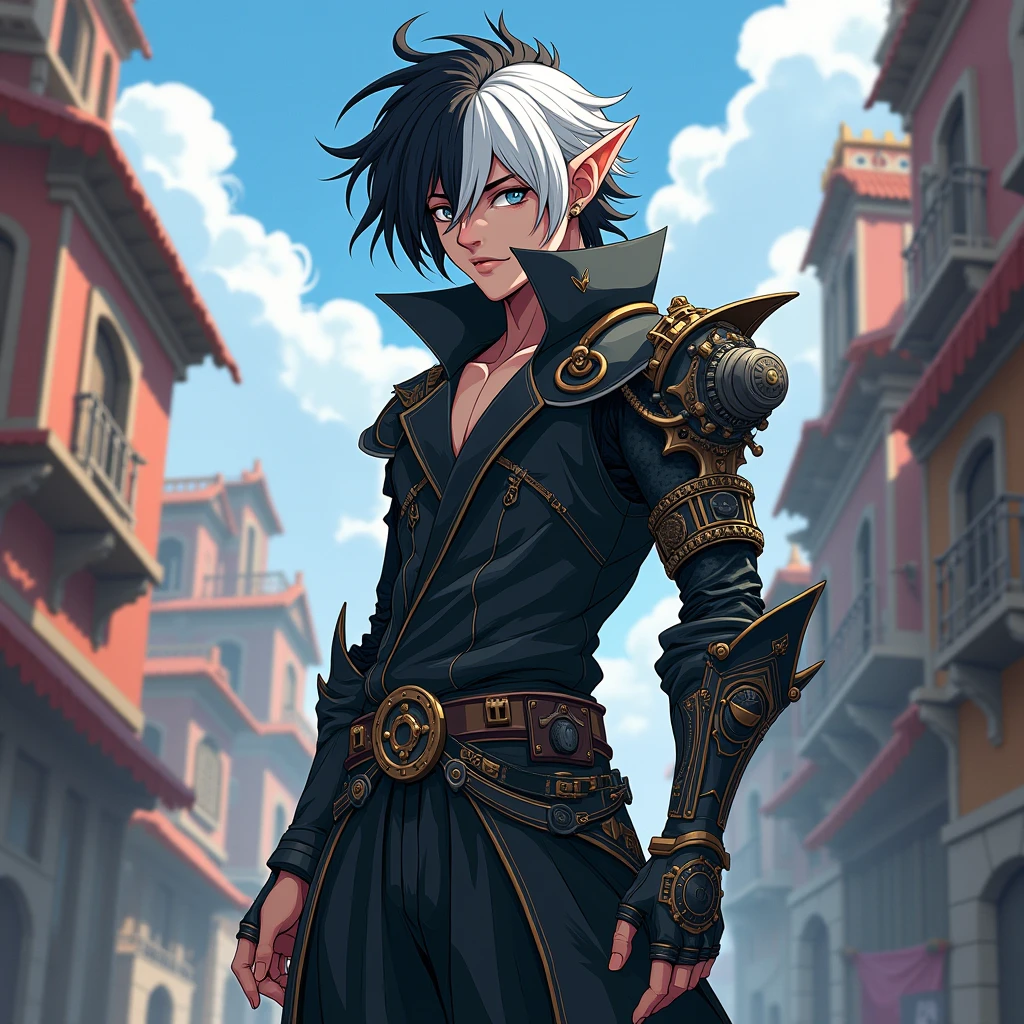 Black and white haired elf man with cover one-eyed hairstyle - SeaArt AI