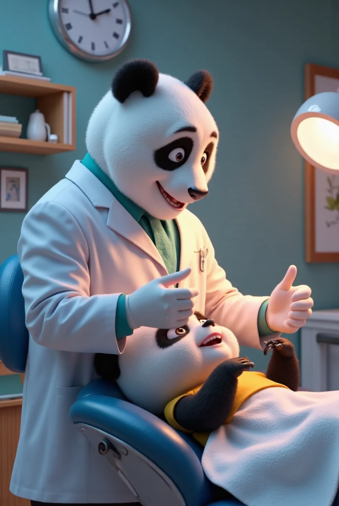 Pixar style scene , a panda dentist treating a patient, a chubby adult ...