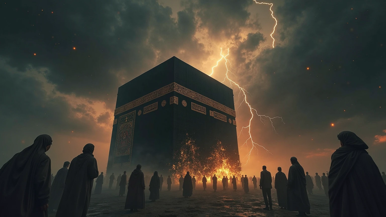 A dark, apocalyptic sky over the Kaaba in Mecca, clouds swirling with ...