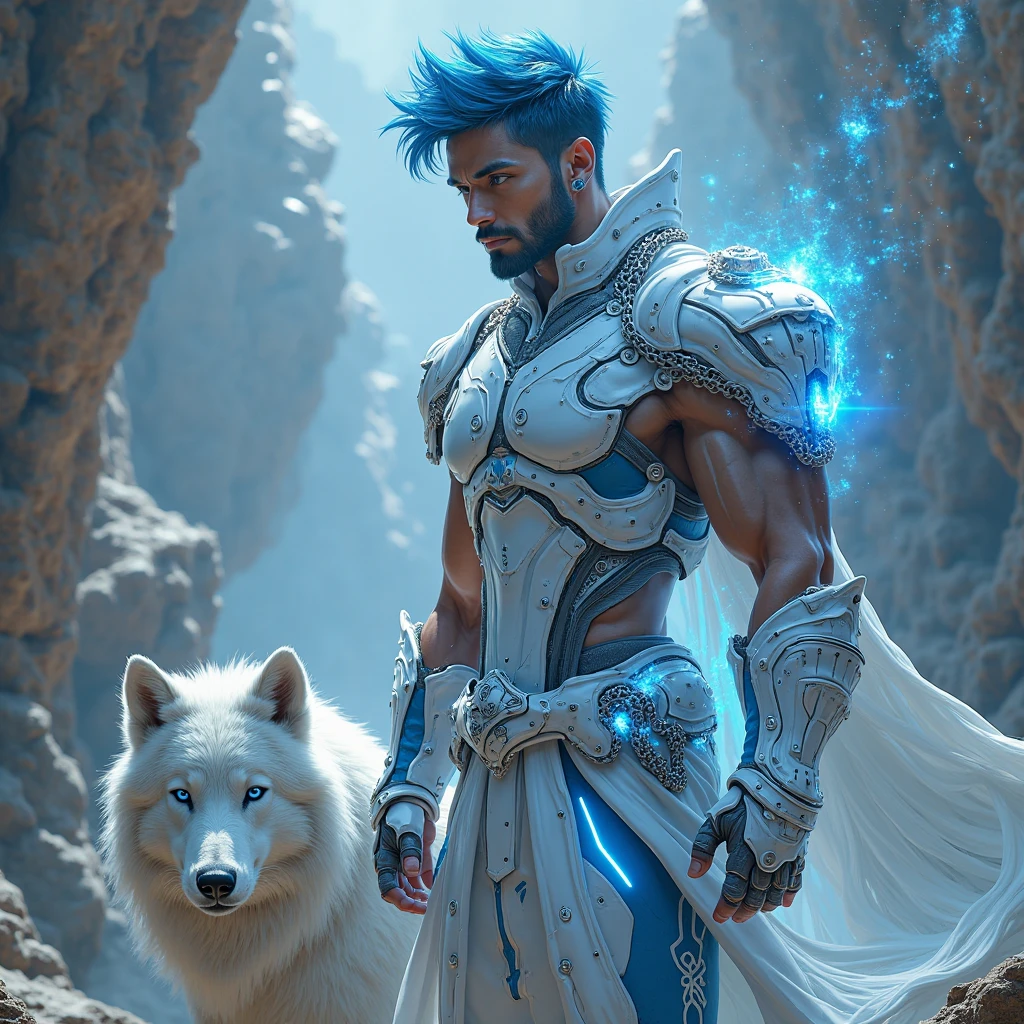 Created the image of a sexy futuristic warrior man with blue hair in ...