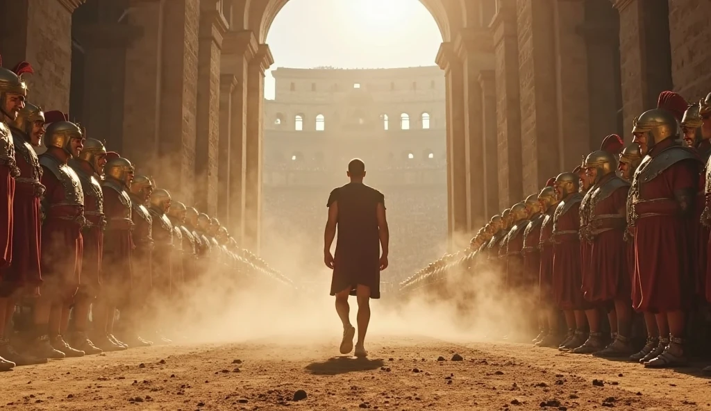 Full-body front-facing shot of a gladiator walking slowly into the ...