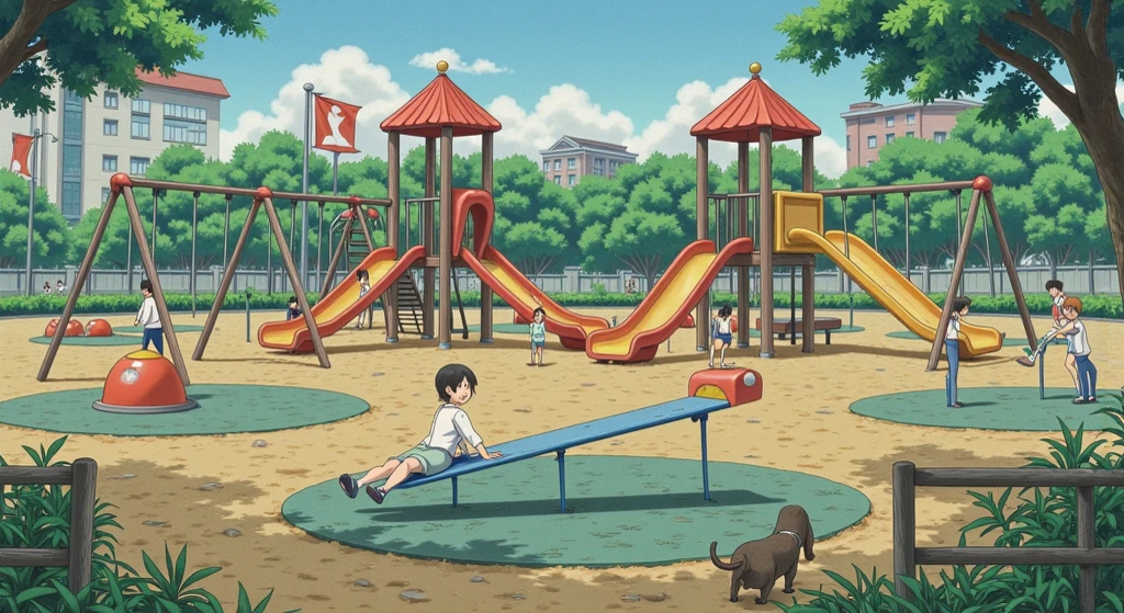 最高画質、傑作、ren playing, This park's playground equipment is popular with ...