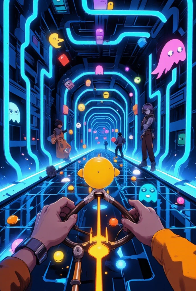 *A first-person POV inside the neon-lit maze of Pac-Man. The viewer ...