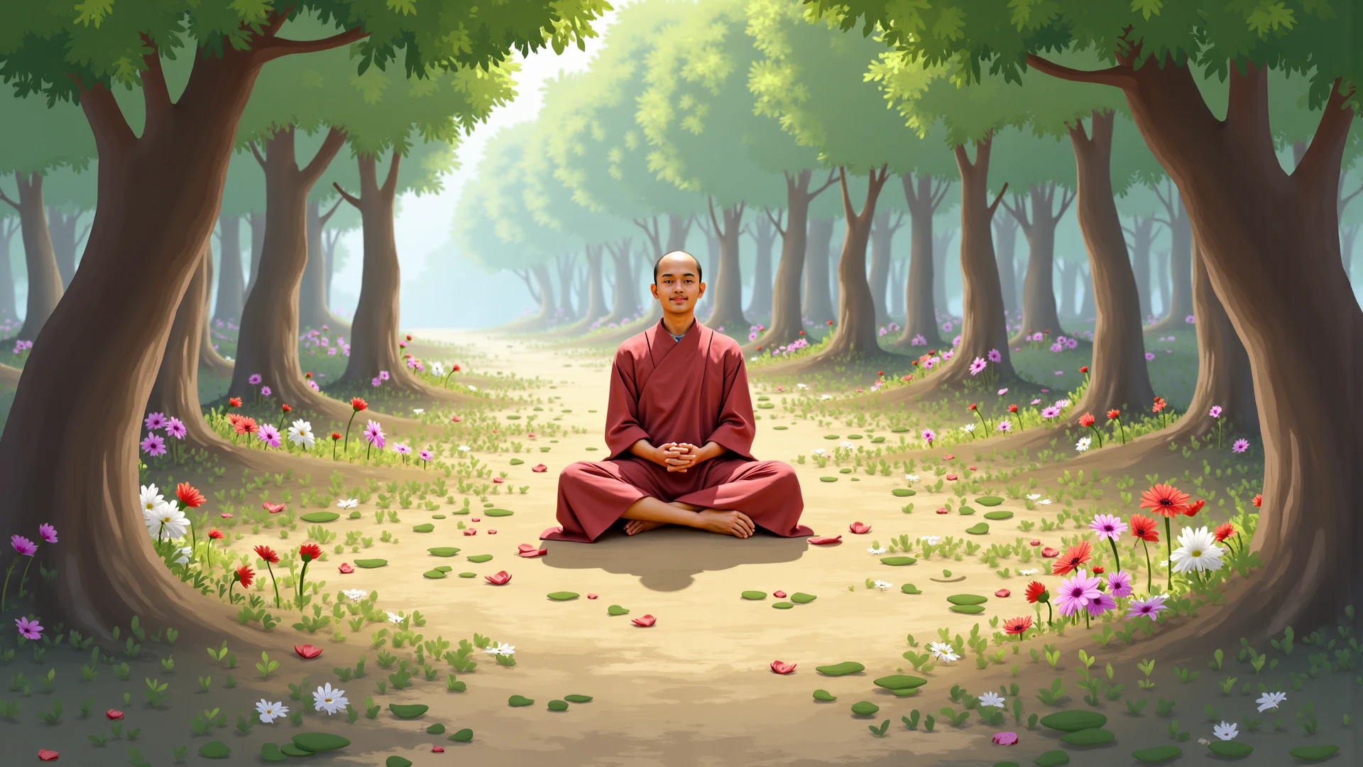 2.25. A monk meditating at the base of a tree. Around him, images of ...
