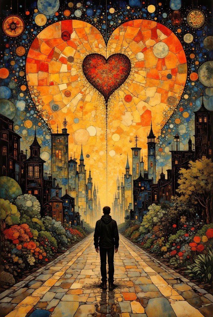 Silhouette of a man at a crossroads, a mosaic heart radiates light ...