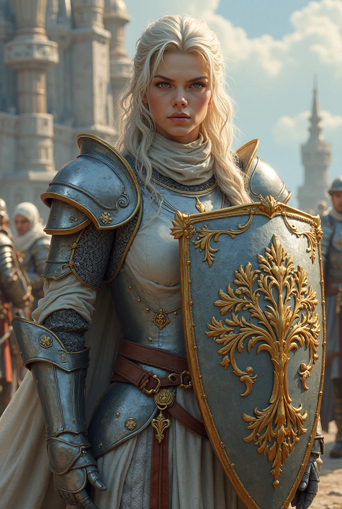 Human with pale skin paladin grey armor 30 y.o. light hair almond eyes ...