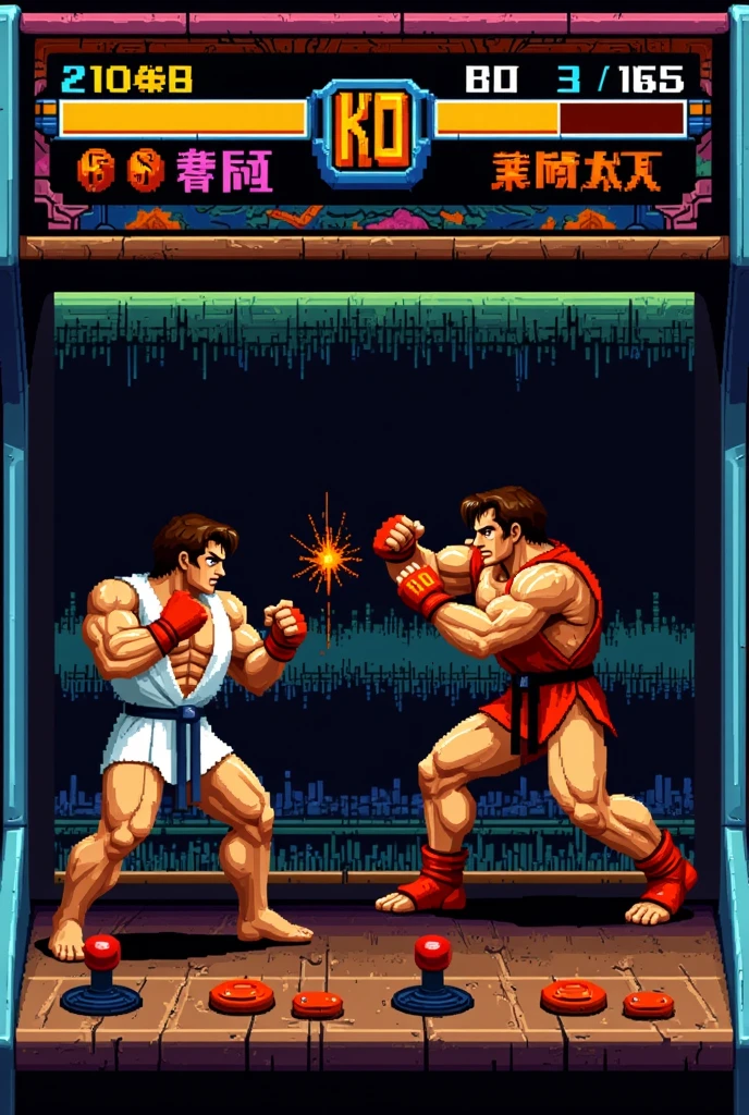 A 16-bit pixel art fighting game scene, inspired by King of Fighters ...