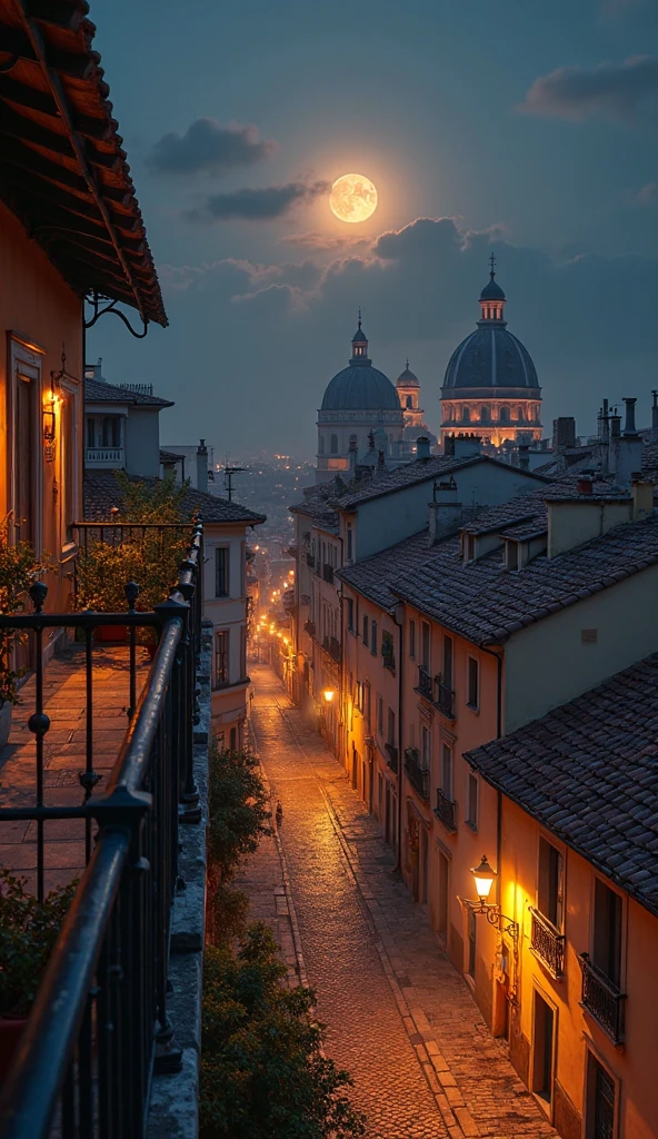 A warm and ultra-realistic night view from a terrace in a charming old ...