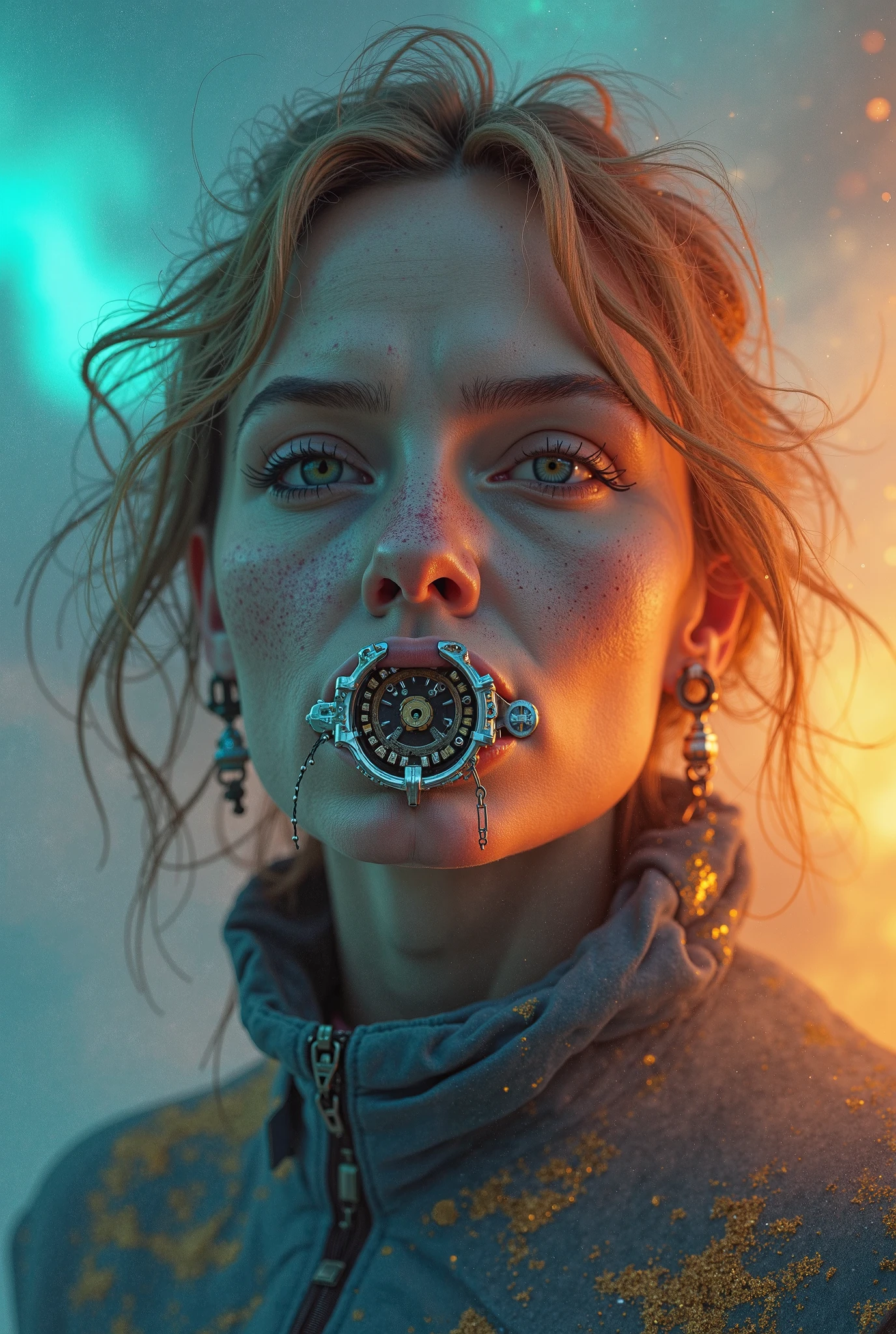 A woman with an intricately designed nuclear reactor glued between her ...