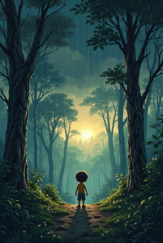 Cene 3: (Forest - Evening) (The sky turns dark, wind blowing - SeaArt AI