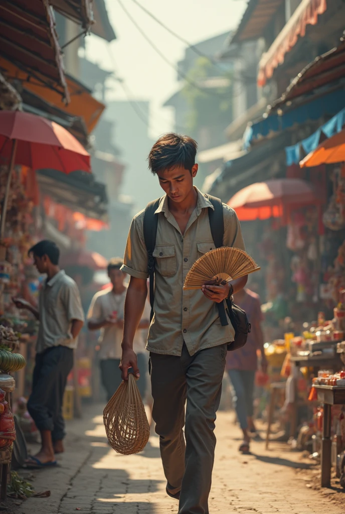 A young man of 27 years old walks in the area of the peddler - SeaArt AI