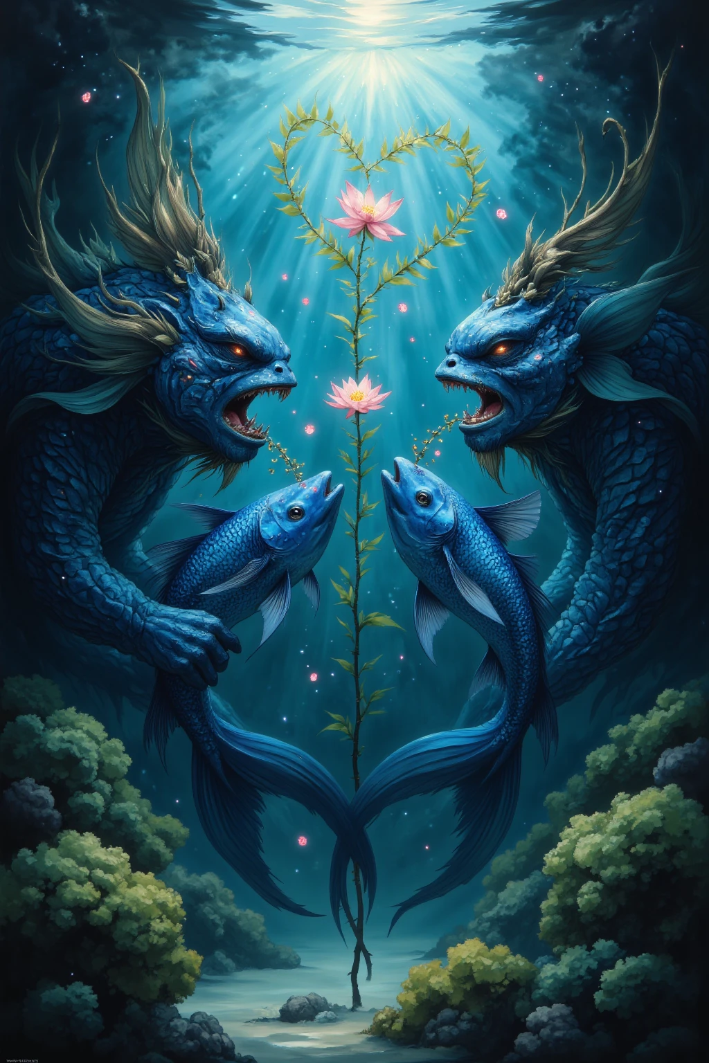 Two fish of different size and gender in the center of the composition ...