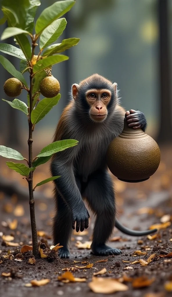 A monkey is walking with a water pot in his hand, there is a small ...