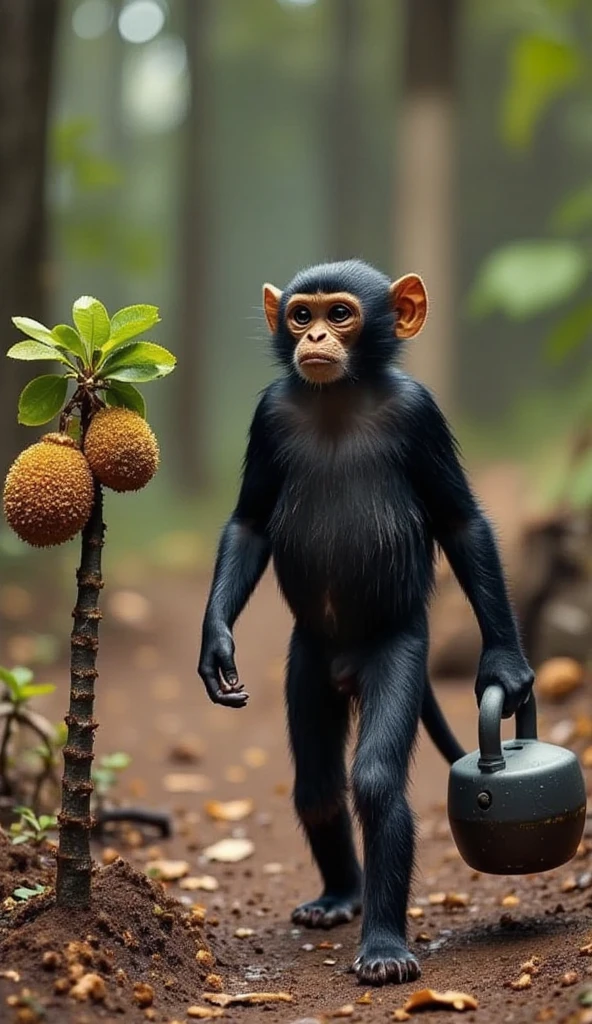 A monkey is walking with a water pot in his hand, there is a small ...