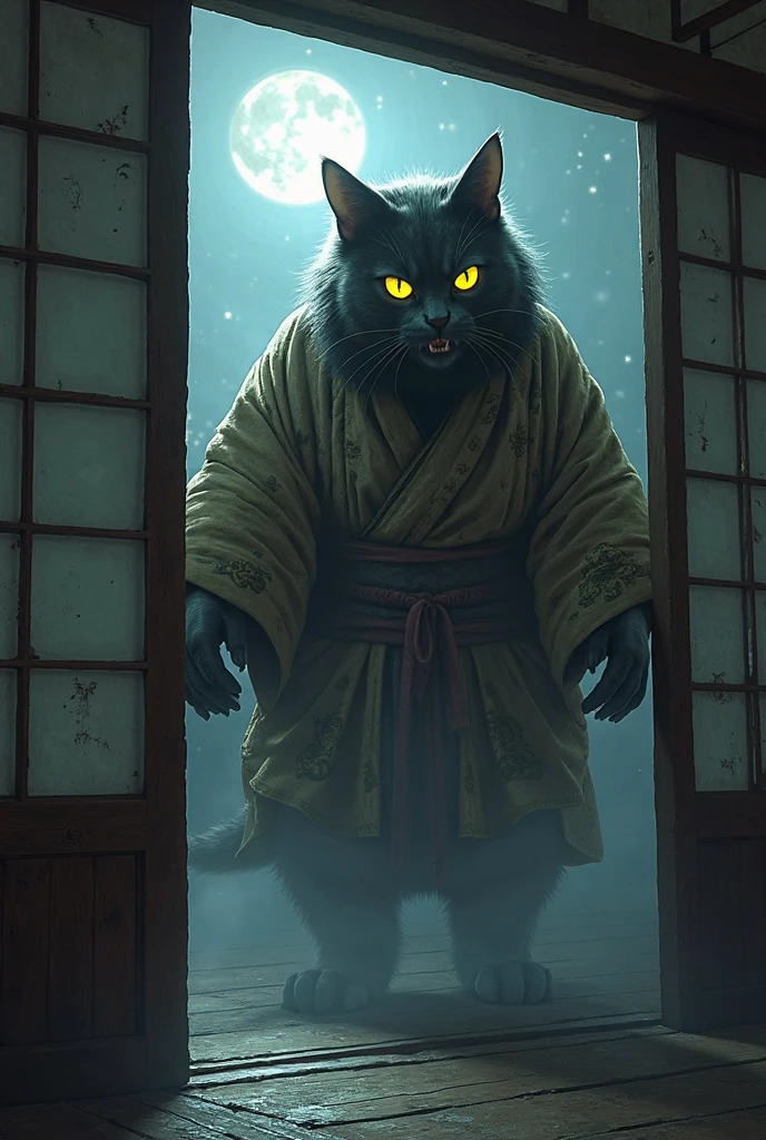 In a dark Japanese-style room、A monster cat wearing a kimono that ...