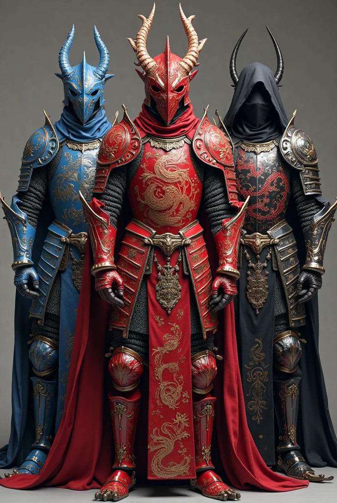 Generate an image of three armor. In the center plus the front of the ...