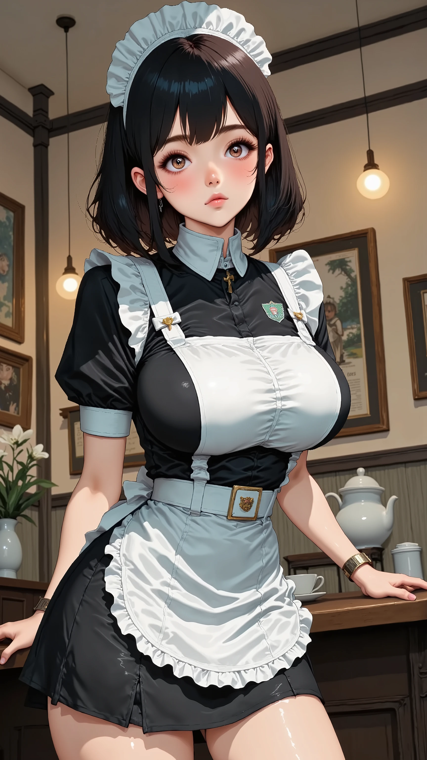 A girl with a short helmet-type haircut with bangs and the color black ...