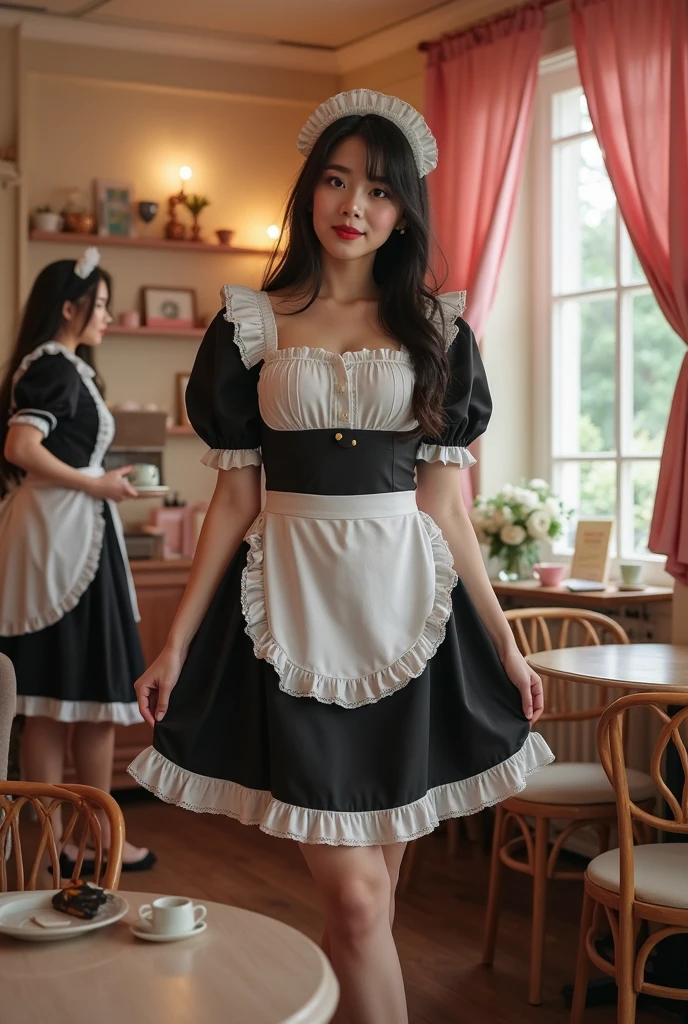 In a cozy and charming maid café, filled with vintage decorations and ...