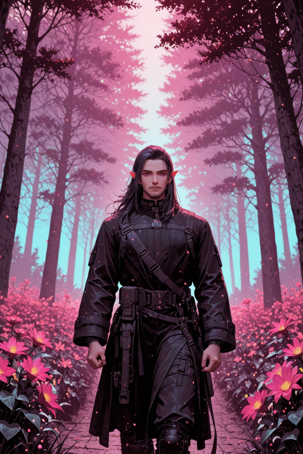 Elf male walking through colorful forest with a lot of flowers and ...