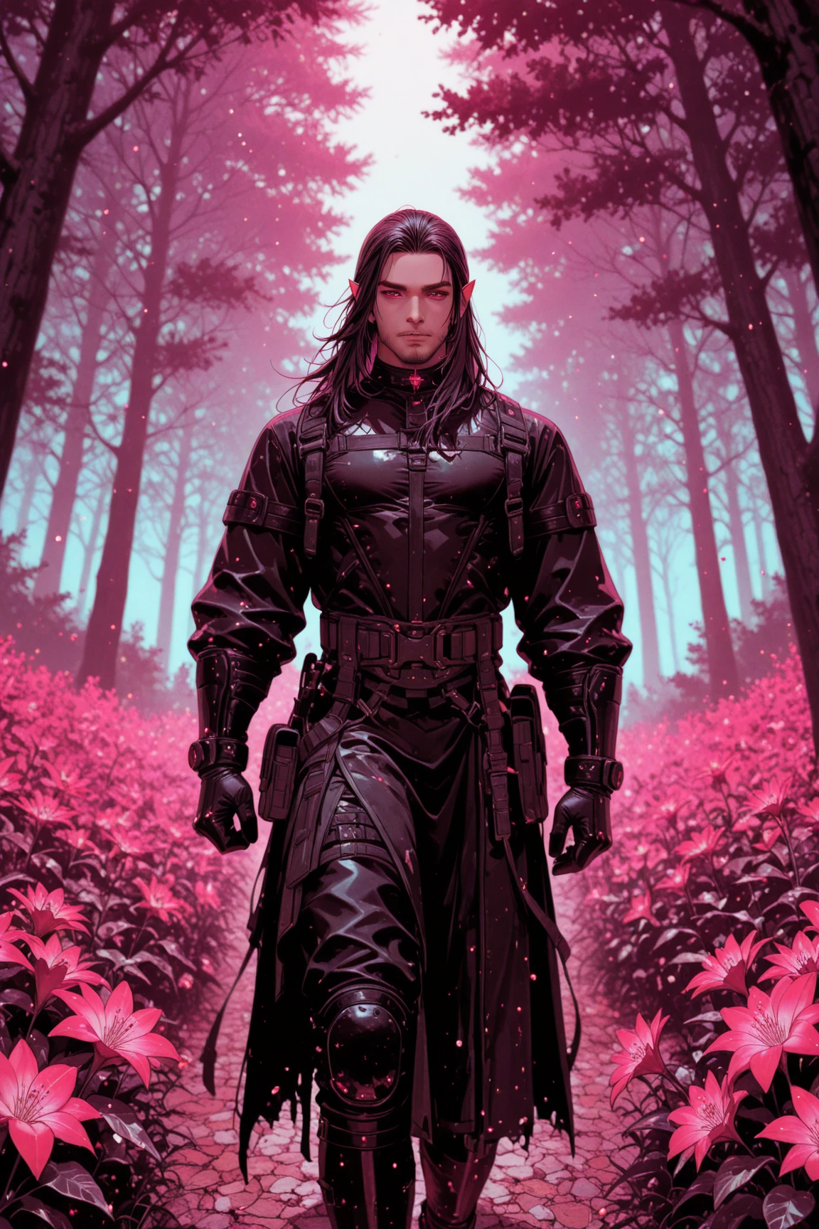 Elf male walking through colorful forest with a lot of flowers and ...