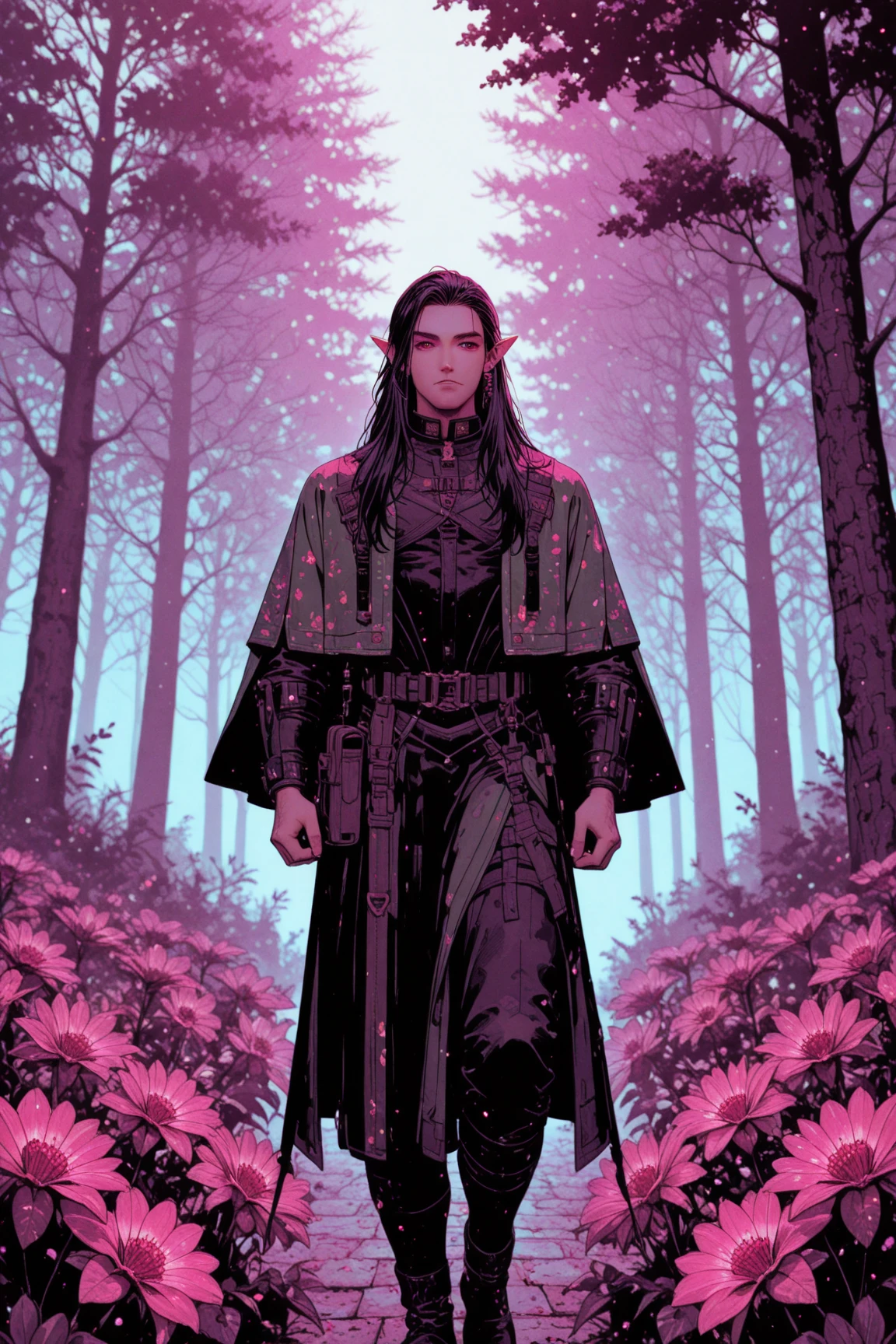 Elf male walking through colorful forest with a lot of flowers and ...