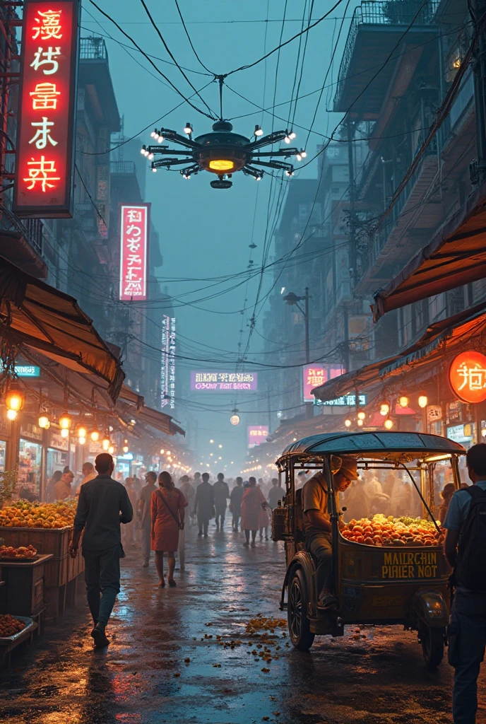 *"Neon-lit Crawford Market, 2070: Cyborg vendors with multi-arms sell ...