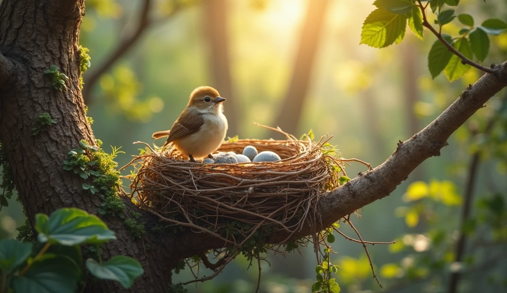 "A finished bird nest nestled securely between strong branches - SeaArt AI