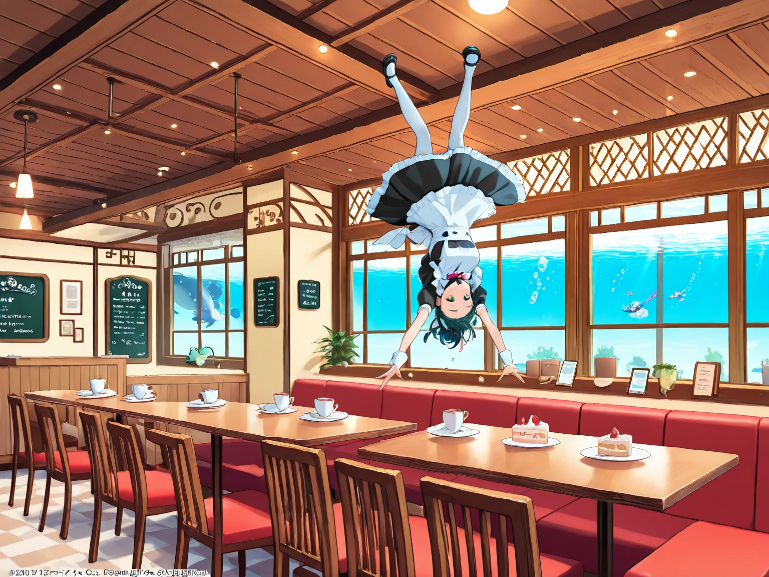 No gravity, maid cafe, multiple maids, The maids are upside down ...