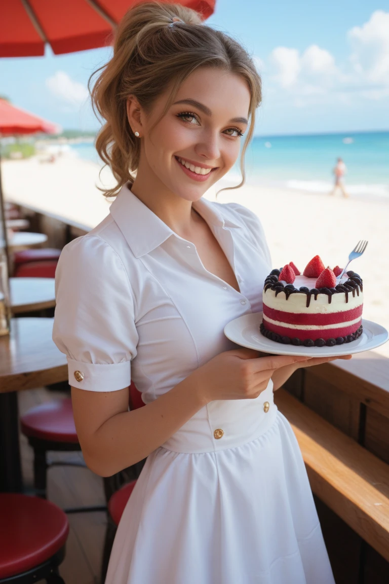 A girl wearing waitress dress. White dress outfit. The hair is dark red ...